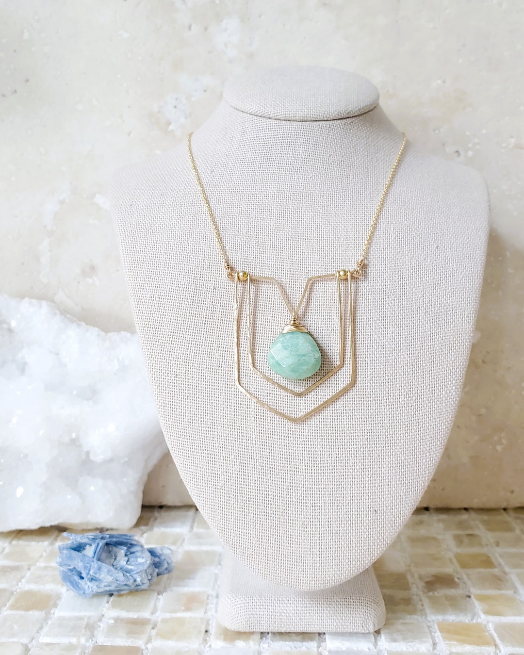 Amazonite Art Deco Lines Necklace | 14k Yellow Gold Filled. Genuine ...