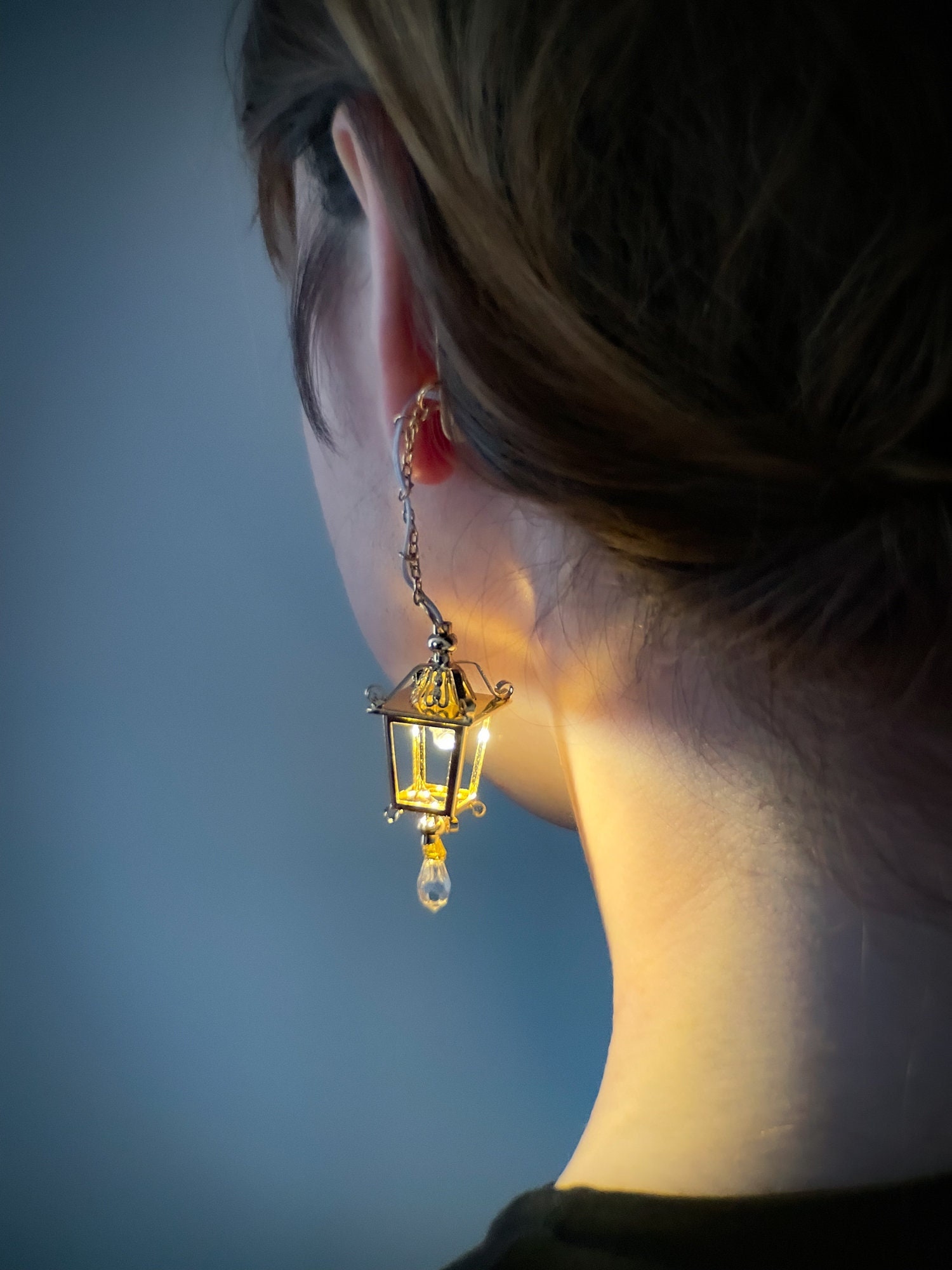 'steampunk' light-up lantern earrings in gold — Diana Caldarescu