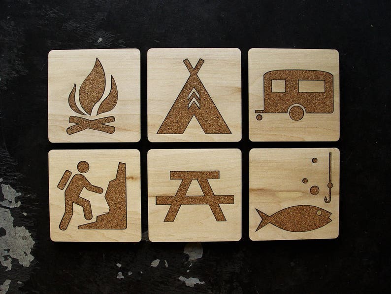 Glamping Wooden Coaster Set 6 Eco Friendly Camping Coasters | Etsy