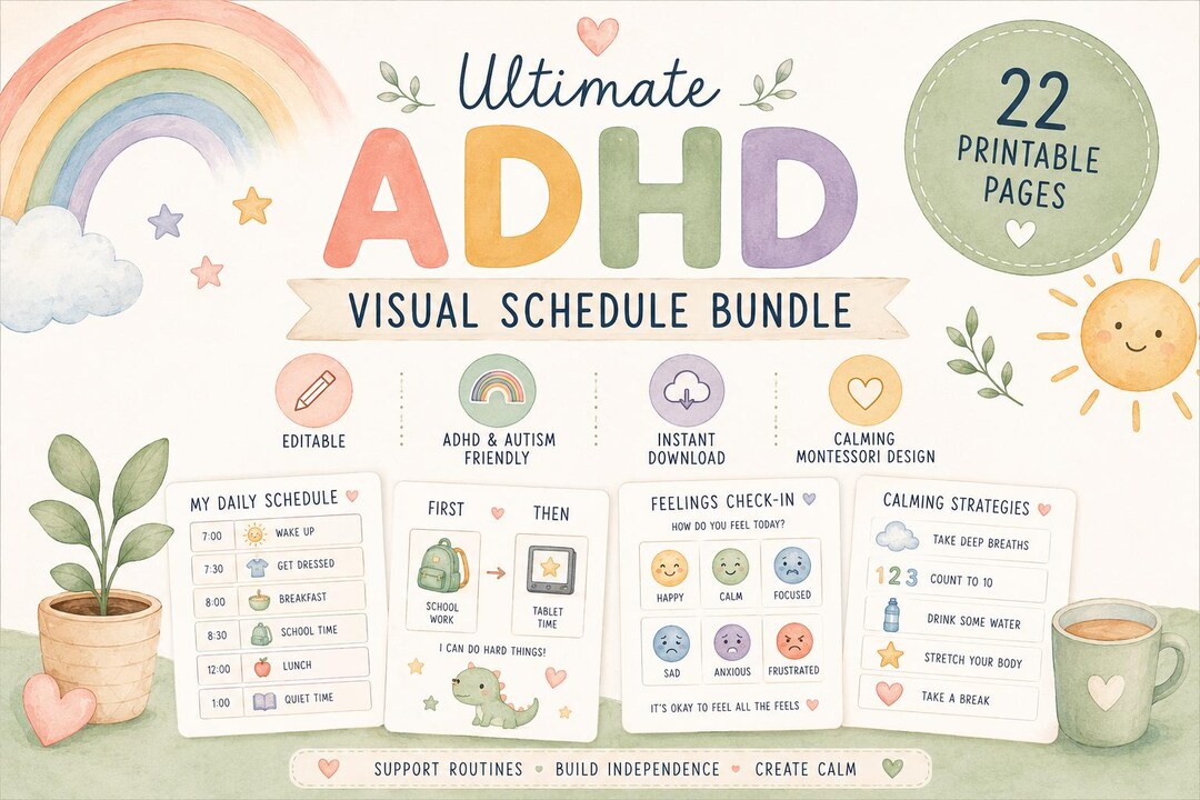 ADHD Visual Schedule Bundle Printable, Autism Routine Cards, Calm Down ...