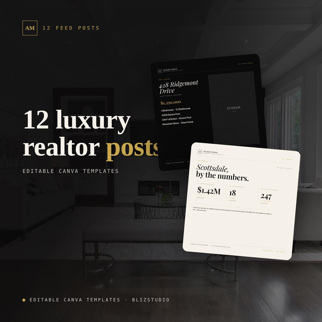 Real Estate Instagram Templates | 12 Luxury Realtor Canva Feed Posts ...