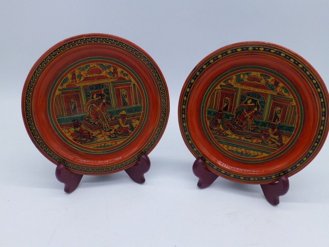 Set of 2 Asian Lacquerware Small Plates Brick Red, Green, Yellow EUC - Etsy