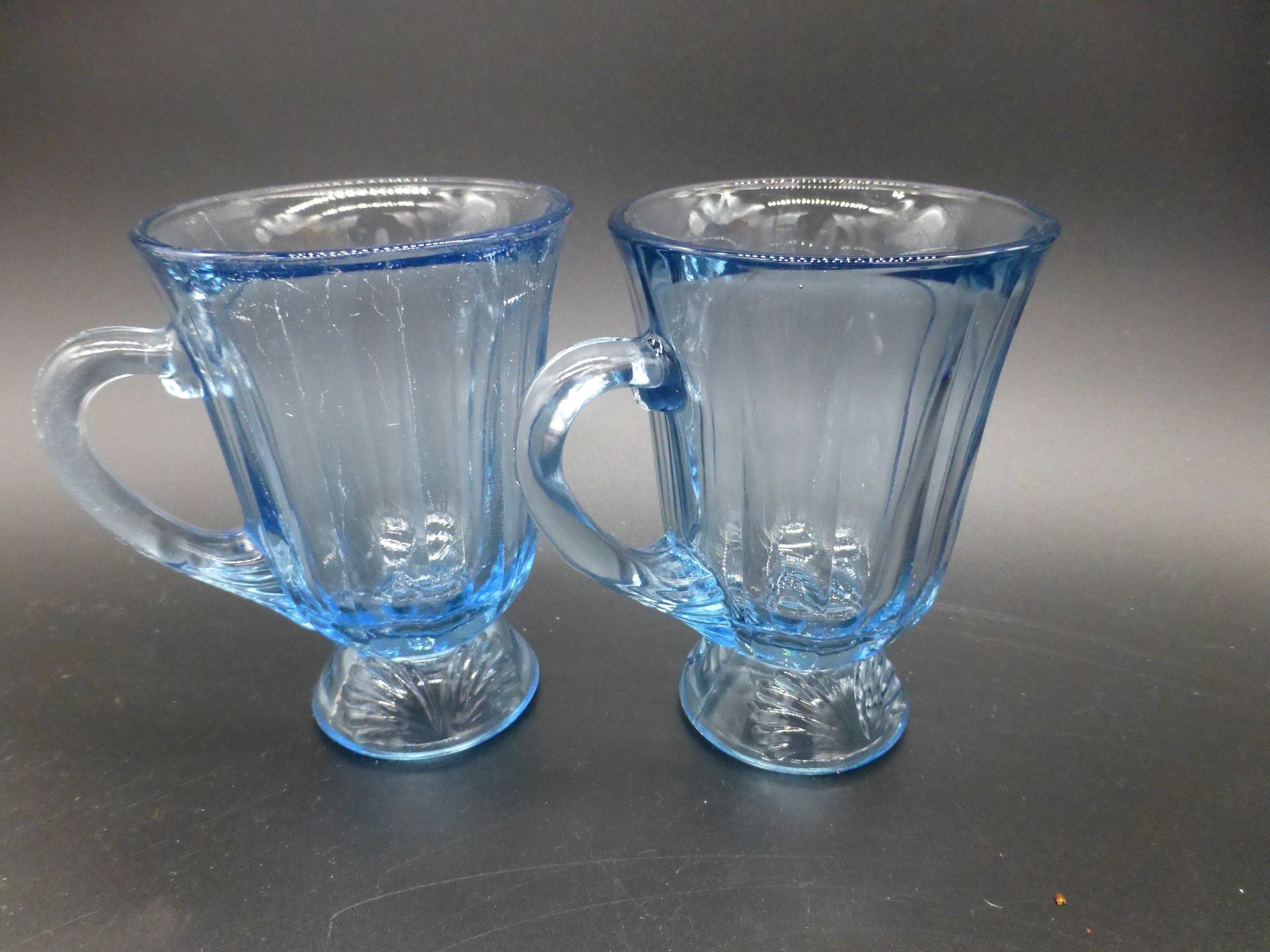 Vintage Paneled Light Blue Glass Set of 2 Fan Decorated Footed Mugs in ...