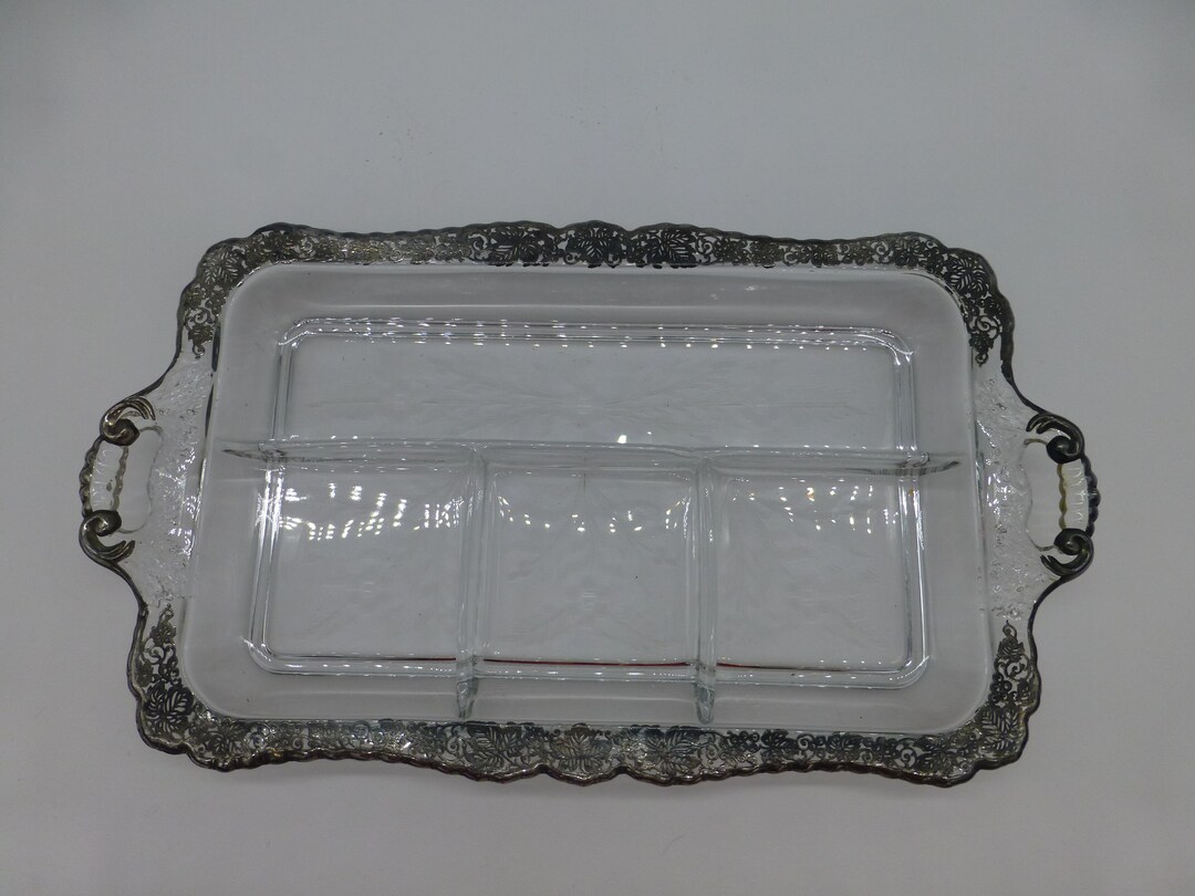 Vintage Engraved Glass Silver Rimmed Relish Vegetable Tray EUC - Etsy