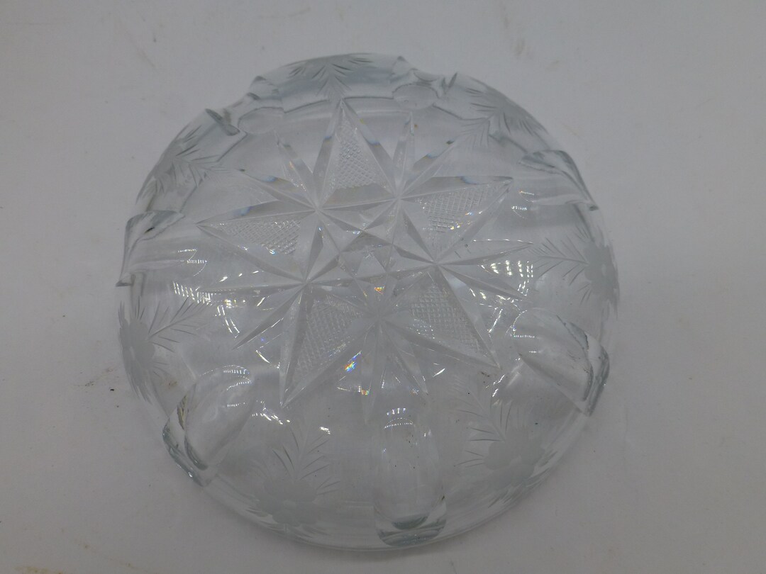 Antique Hand Cut & Engraved ABG Crystal Shallow Bowl 5.7.5” Star Center ...