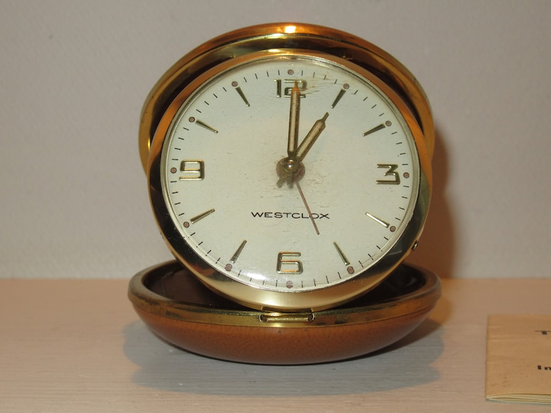 Vintage 1970's Westclox Round Travel Clock Leather Case W/original ...