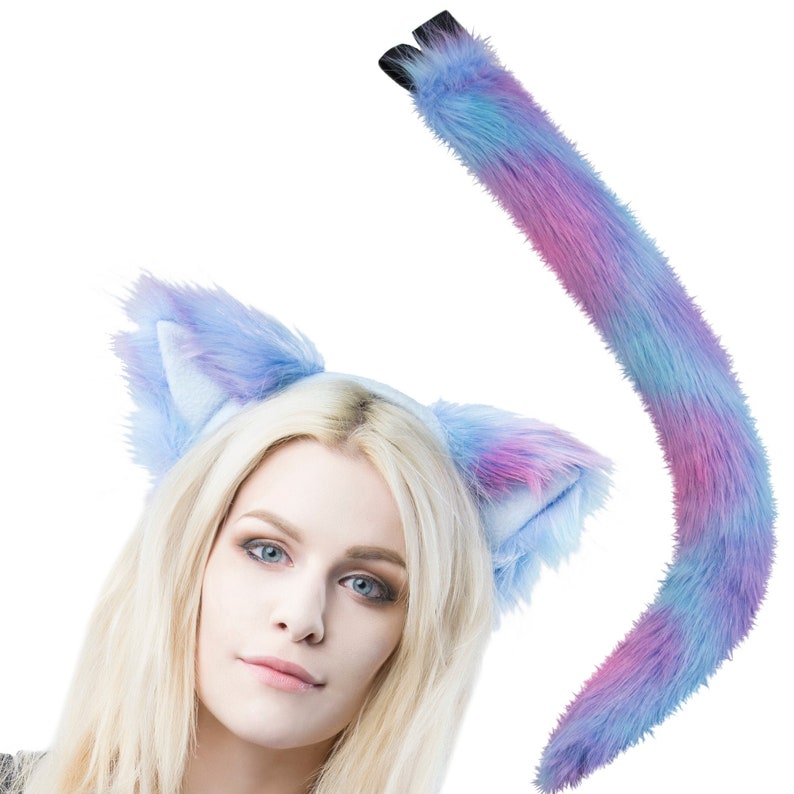 Pawstar Rainbow Fur Cat Ears And Tail Set Kitty Mew Headband Etsy