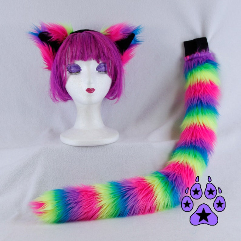 Pawstar Rainbow Fur Cat Ears And Tail Set Kitty Mew Headband Etsy
