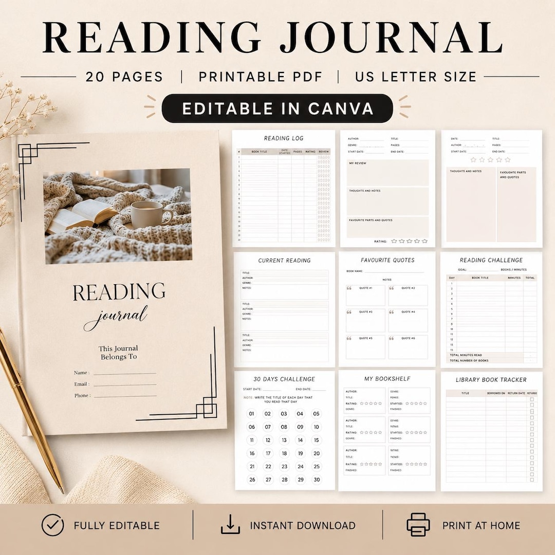 Editable Reading Journal Canva Template - Etsy UK
