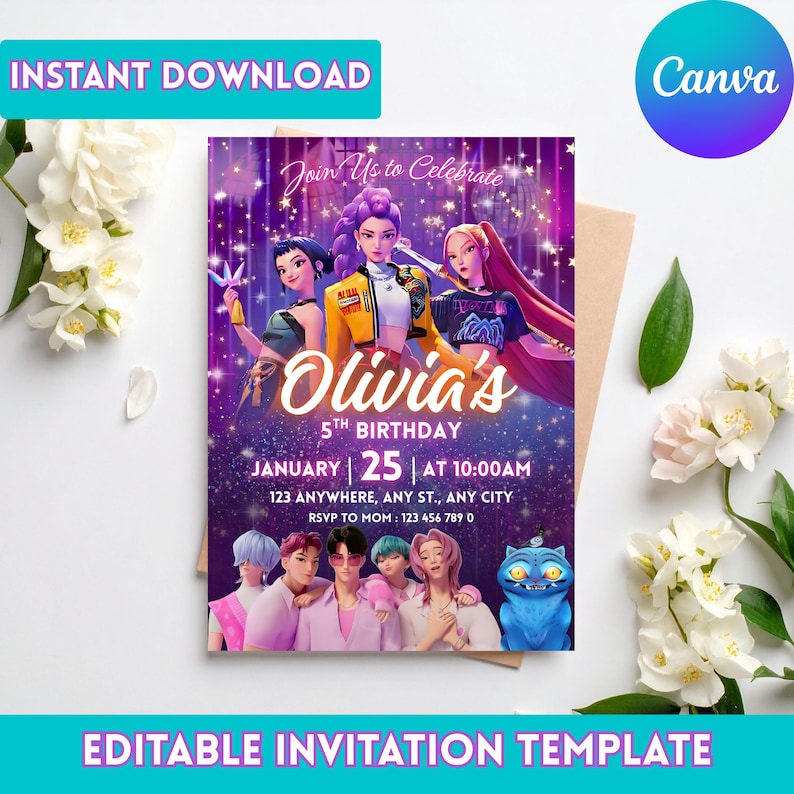 Kpop Demon Hunters Birthday Invitation, Huntrix Invite, K-pop Invites ...