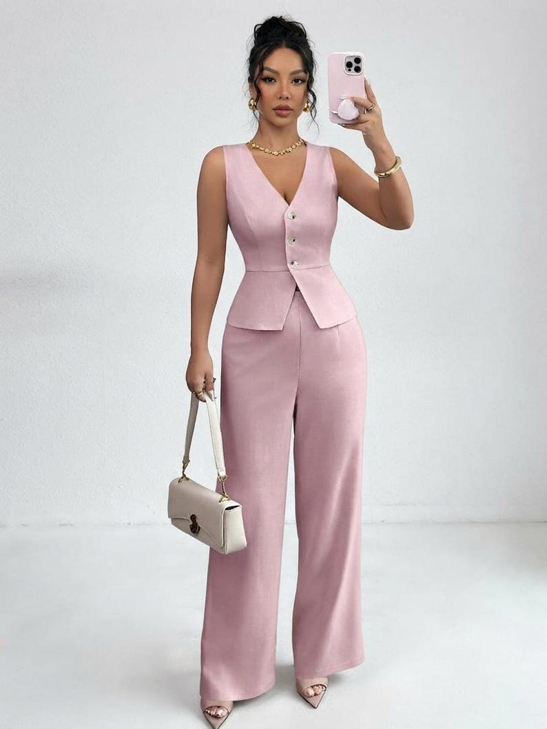 Two Piece Outfit Set, Elegant Waistcoat Vest With Wide Leg Trousers - Etsy