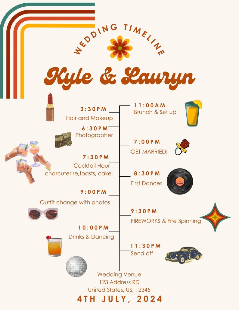 Retro Wedding Day Timeline Itinerary - Etsy