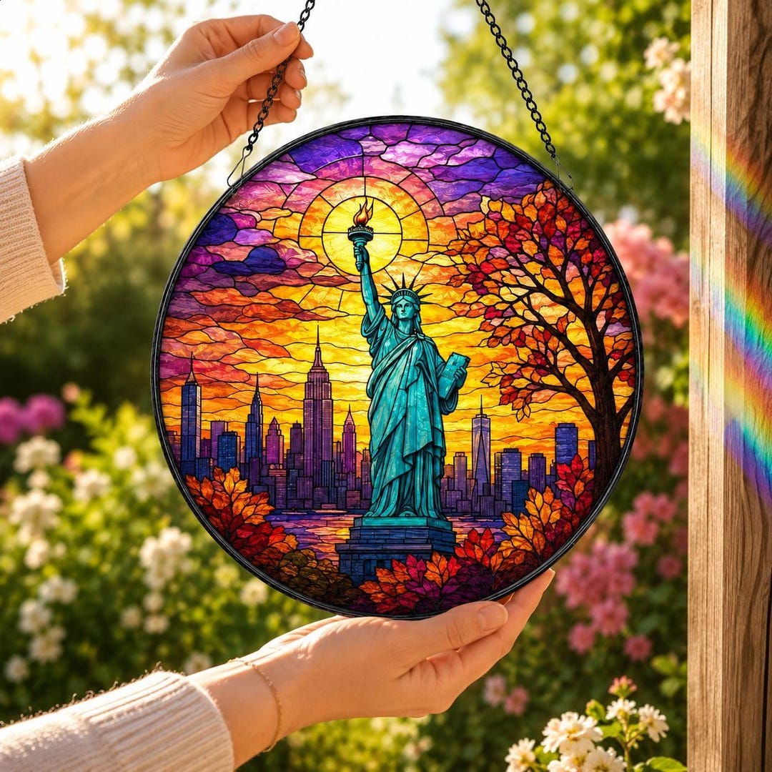 Statue of Liberty Stained Glass Suncatcher, NYC Skyline Window Panel ...