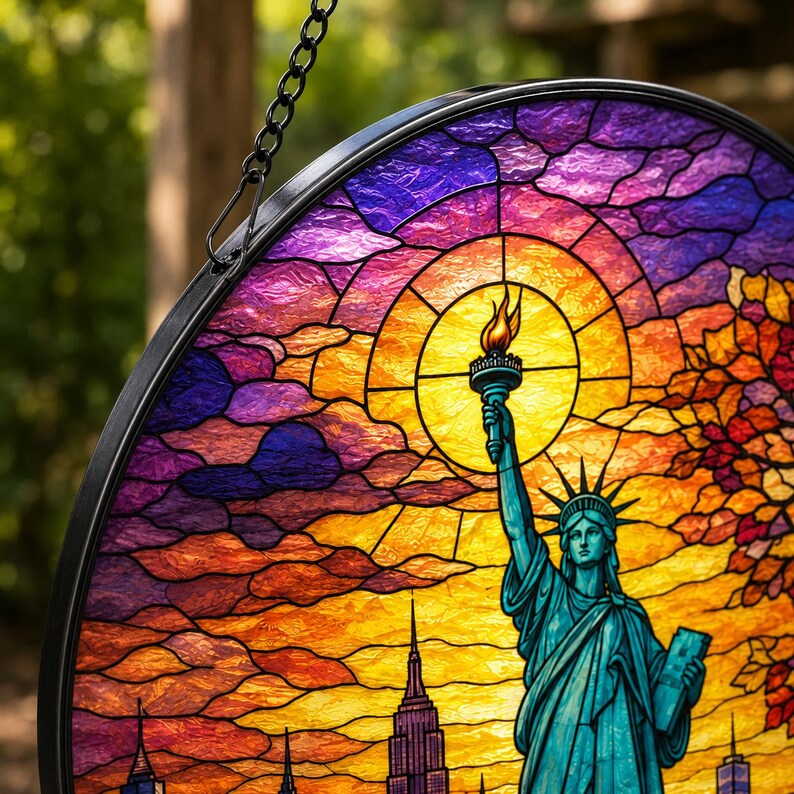 Statue of Liberty Stained Glass Suncatcher, NYC Skyline Window Panel ...