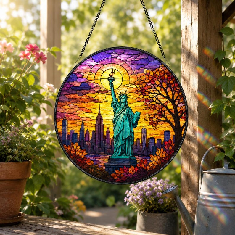 Statue of Liberty Stained Glass Suncatcher, NYC Skyline Window Panel ...