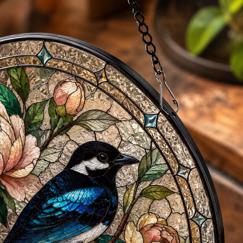 Blue Bird & Peony Stained Glass Suncatcher, Floral Window Hanging Panel ...