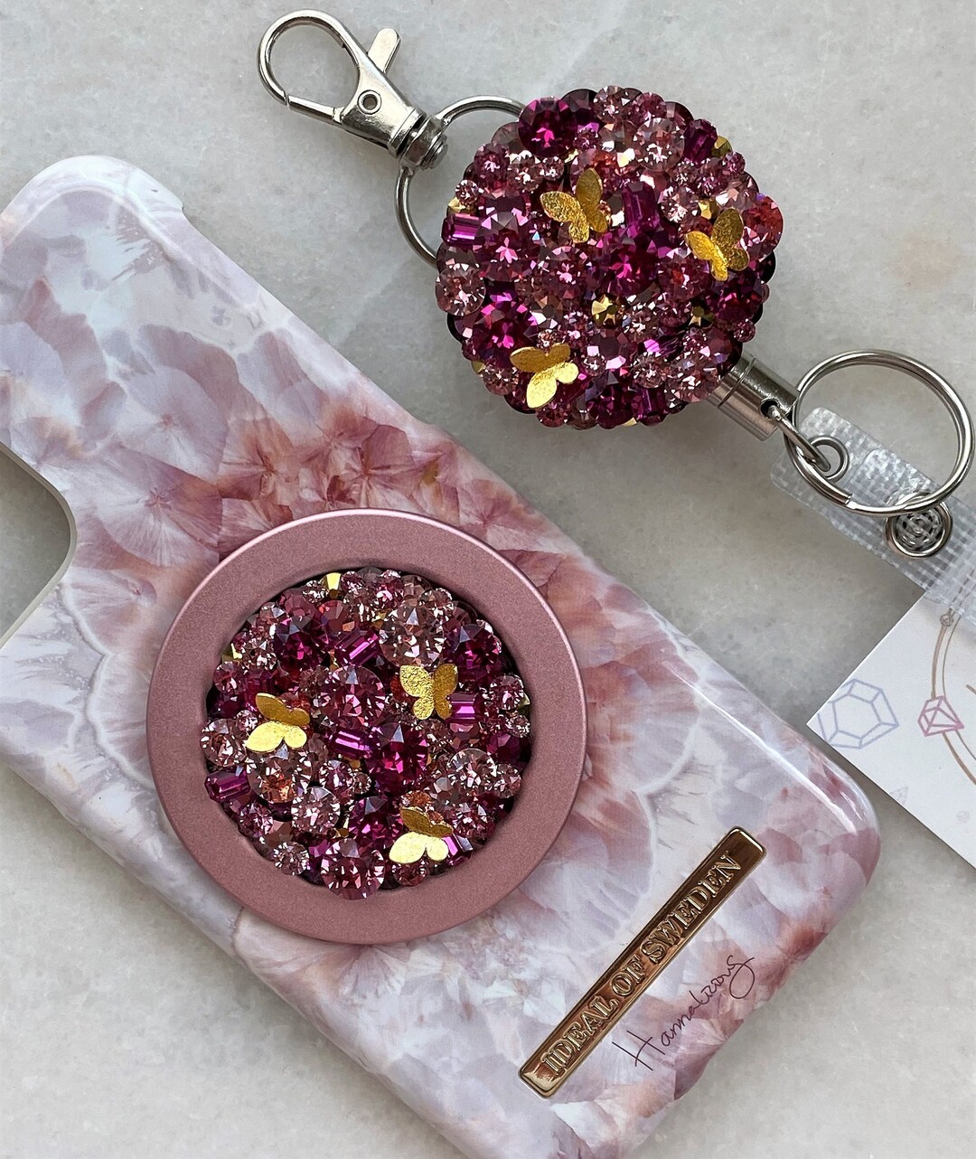 Pink & Gold Butterfly Crystal Badge Reel, and Topper ID Badge, Badge ...