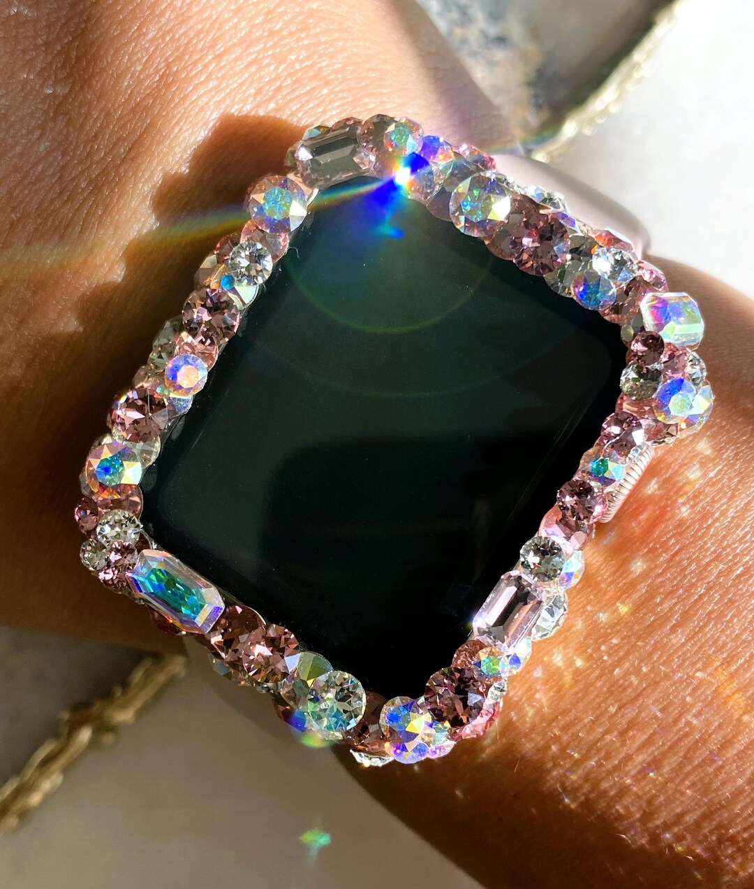 High End Luxe Pink AB Crystal Baguette Apple Watch Glass Cover With ...