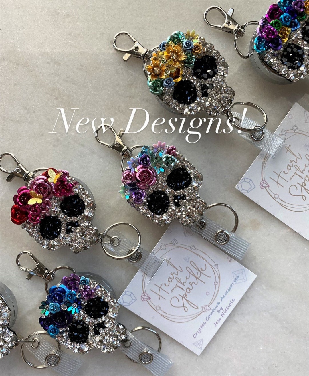 Crystal Badge Reel- Crystal Sugar Skull Badge Reel, Lanyard, ID Holder ...
