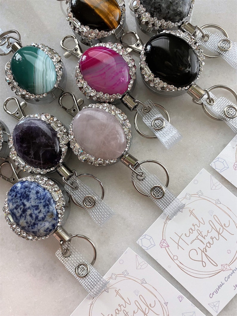 Gemstone Crystal Badge Reel, Healing Stone ID Badge, Badge Holder ...