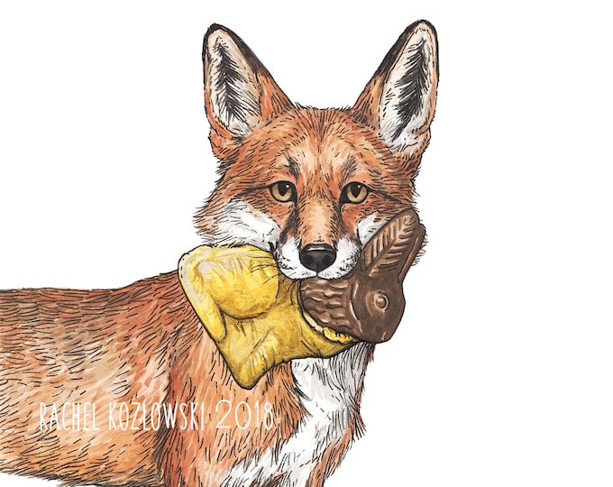 Red Fox + Chocolate Bunny - Snack Attack - Archival Print - Etsy