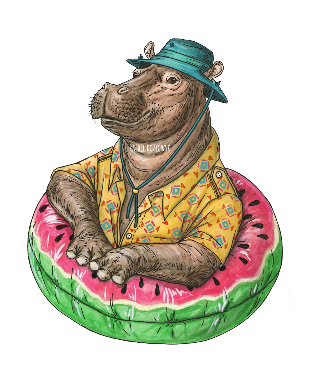 Hippo - Watermelon Floatie - Pool Party - Archival Print - Etsy