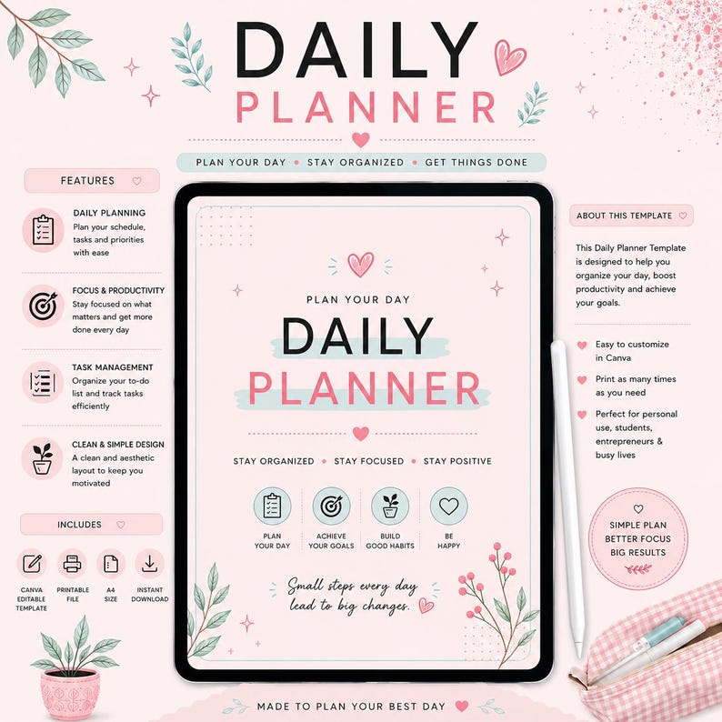 Pink Daily Planner Printable | Schedule, To-do List, Mood Tracker ...