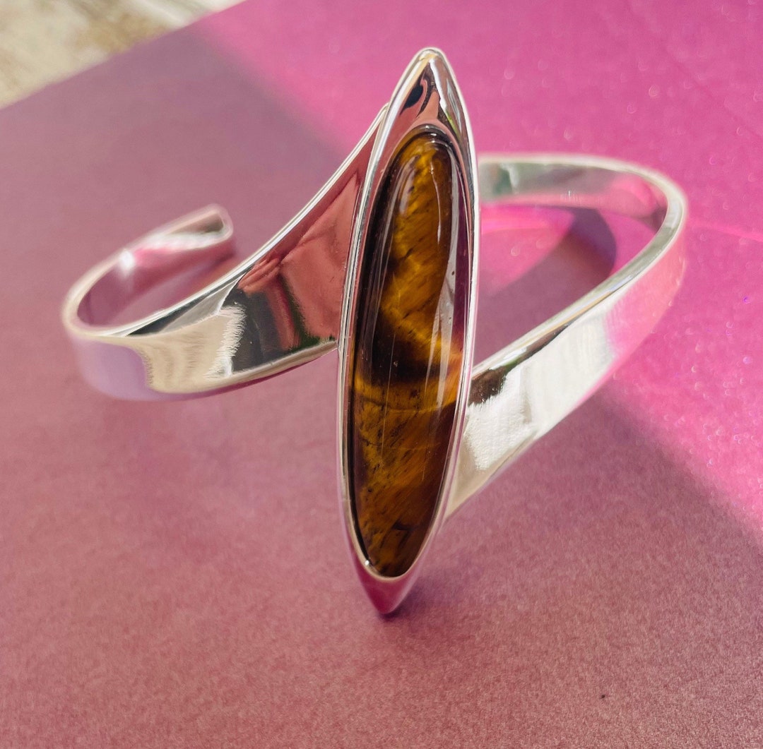 Silver Bangle, Tigers Eye and Silver Plated Bangle, Jewellery Gift for ...