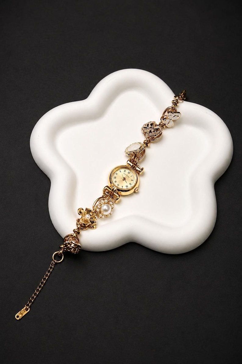 Hand-assembled Vintage Floral Bracelet Watch, Pearl Accents, Gold Tone ...