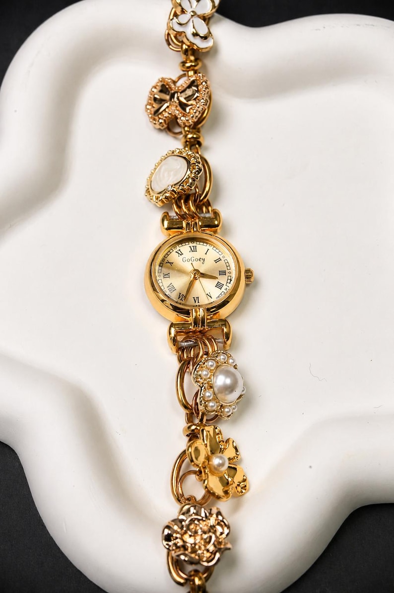 Hand-assembled Vintage Floral Bracelet Watch, Pearl Accents, Gold Tone ...