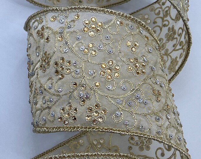 4" Gold Sheer Ribbon ~ Embroidered Vines Flowers ~ Jewels ~ Wired Edges ...