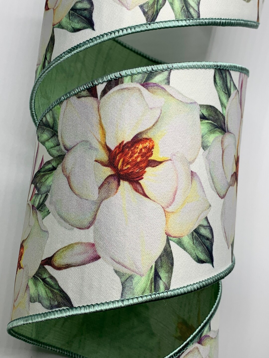 4" White Magnolia Ribbon ~ Flowers ~ Light Green Fused Back ~ Wired ...