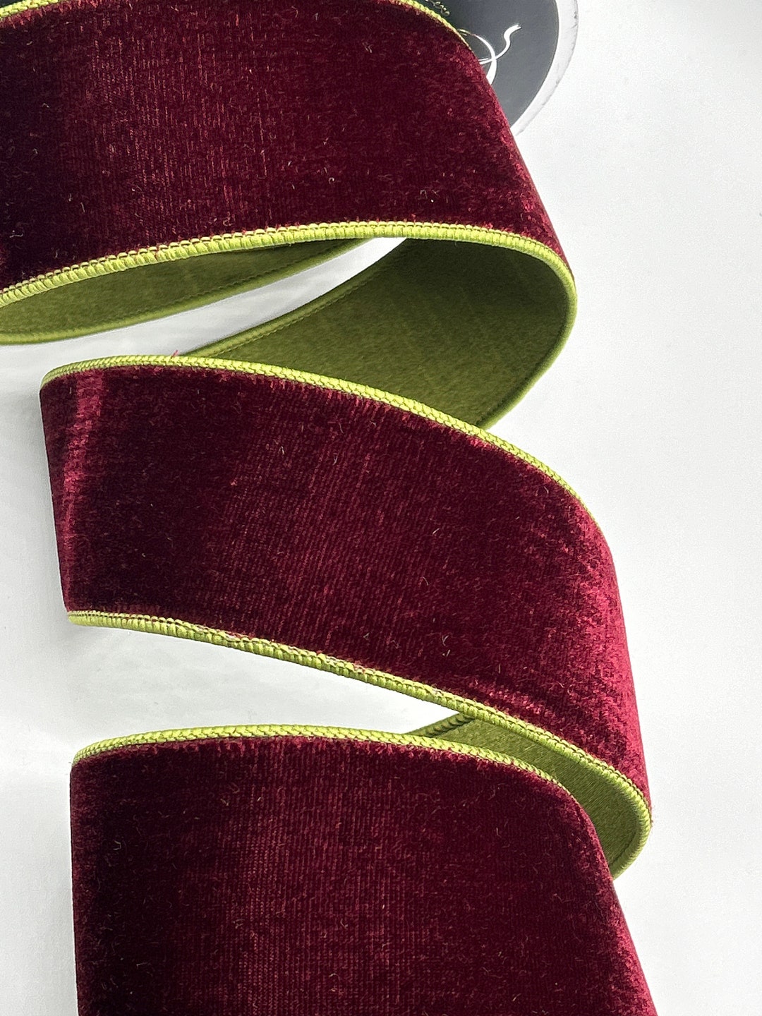 2.5" Burgundy Velvet Ribbon ~ Olive Green Back ~ Wired Edges ...