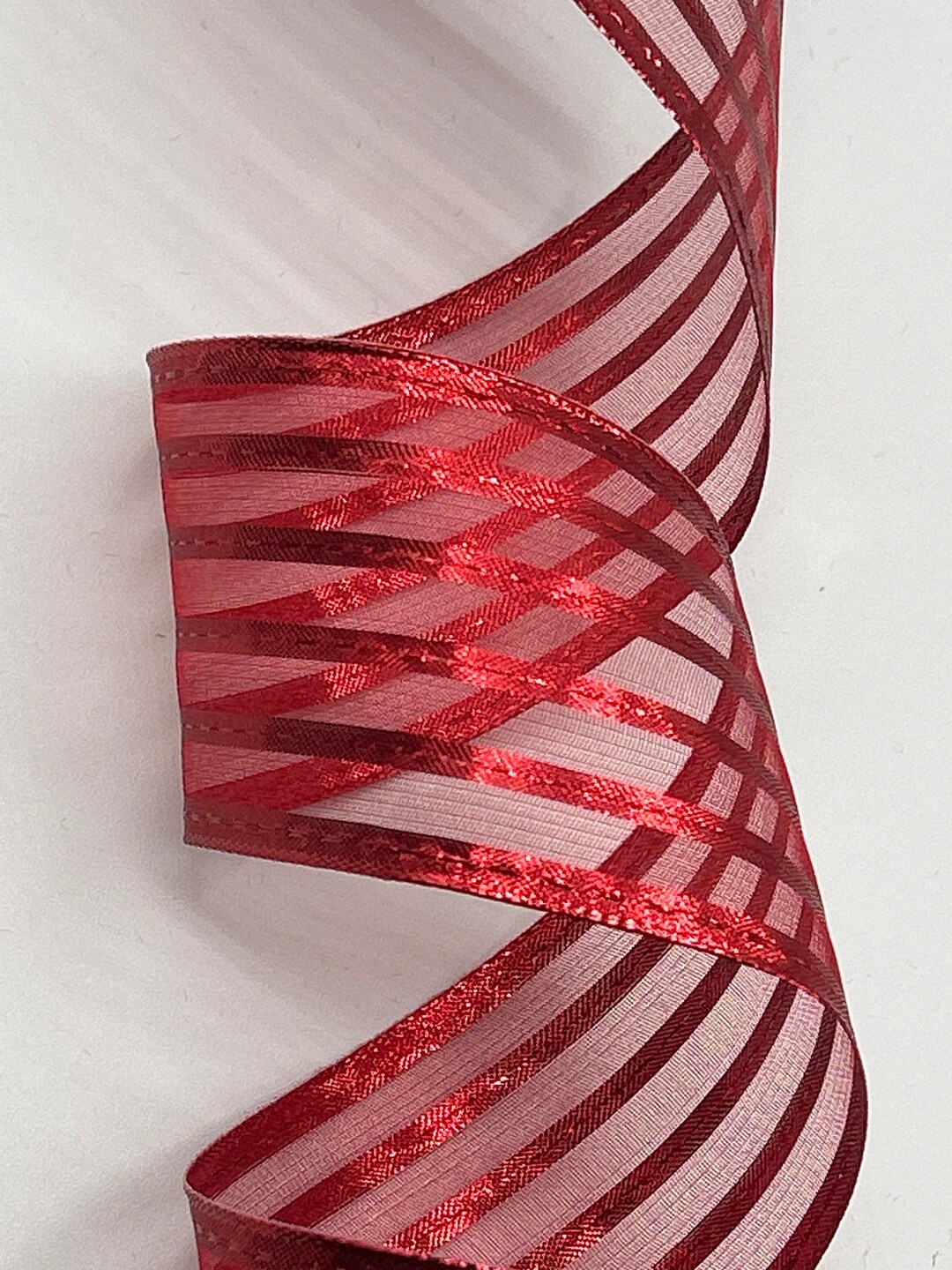 2.5" Sheer Red Ribbon ~ Red Metallic Stripes ~ Wired Edges ~ 10 Yard ...