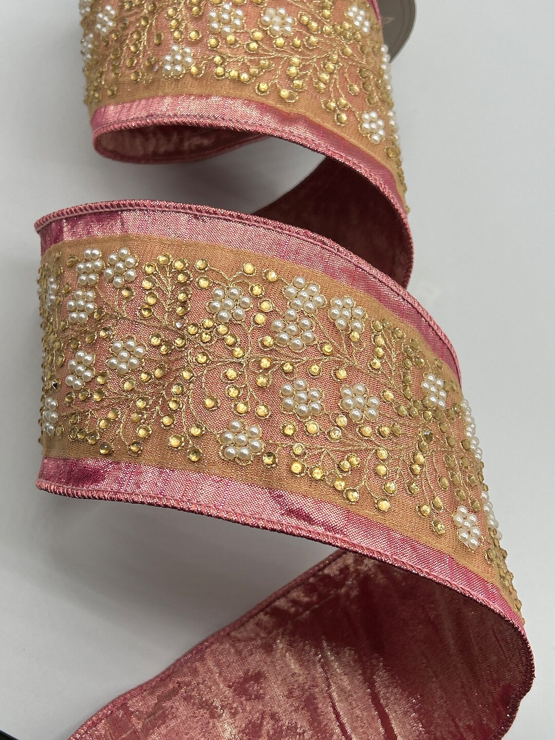 4" Rose Metallic Ribbon ~ Gems ~ Pearl Beads ~ Embroidery ~ D Stevens ...