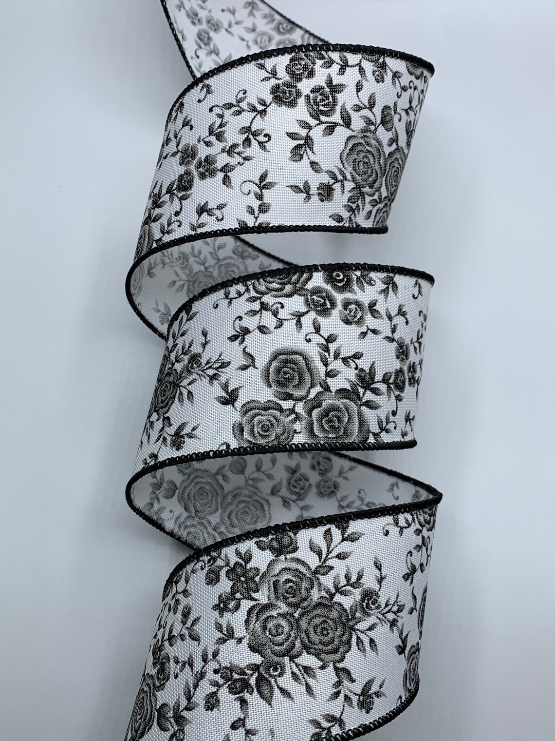 2.5 Black Roses on White Ribbon Wired Edges D | Etsy