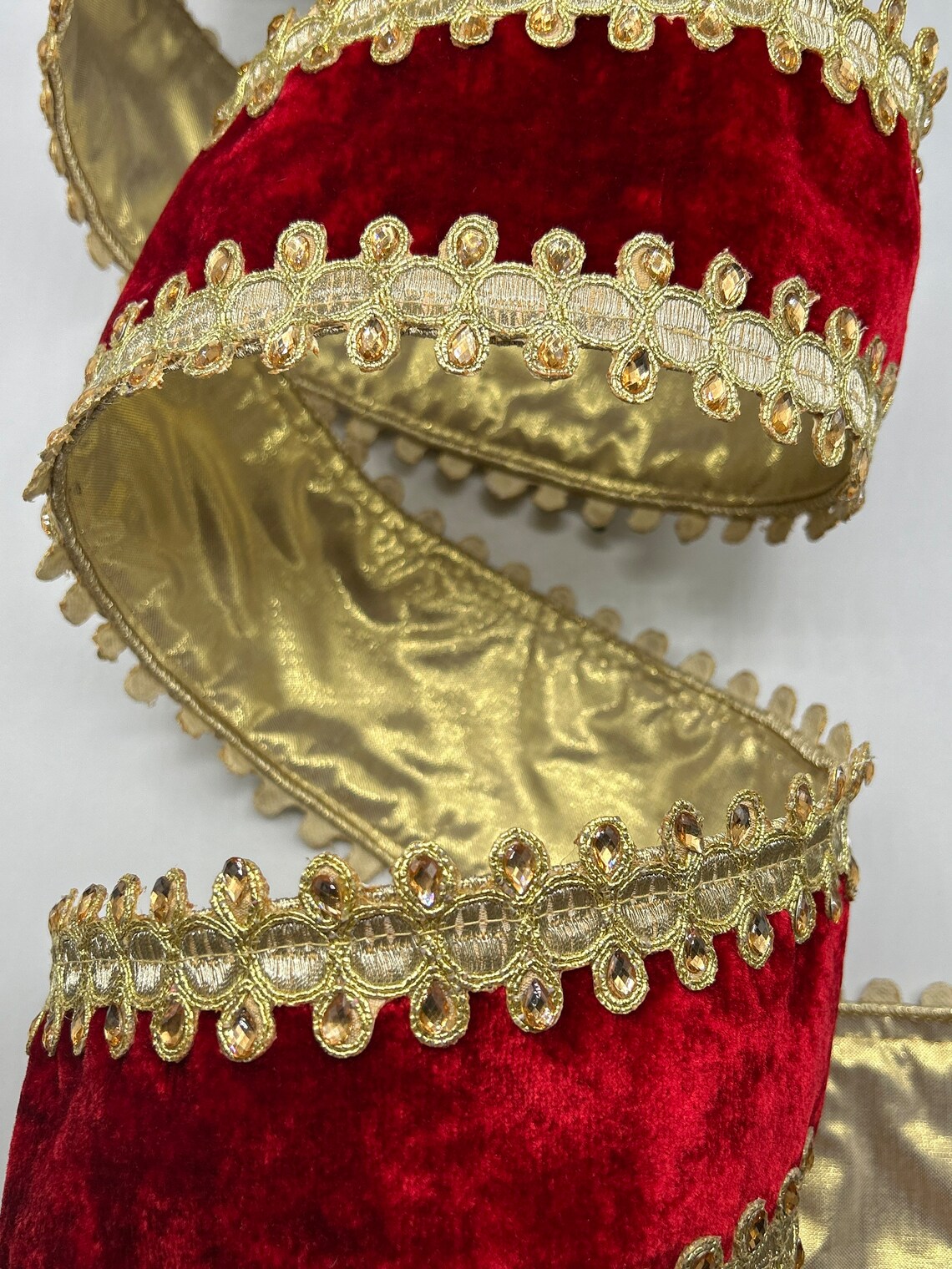 4 Red Velvet Ribbon Gold Embroidered and Jeweled Trim - Etsy