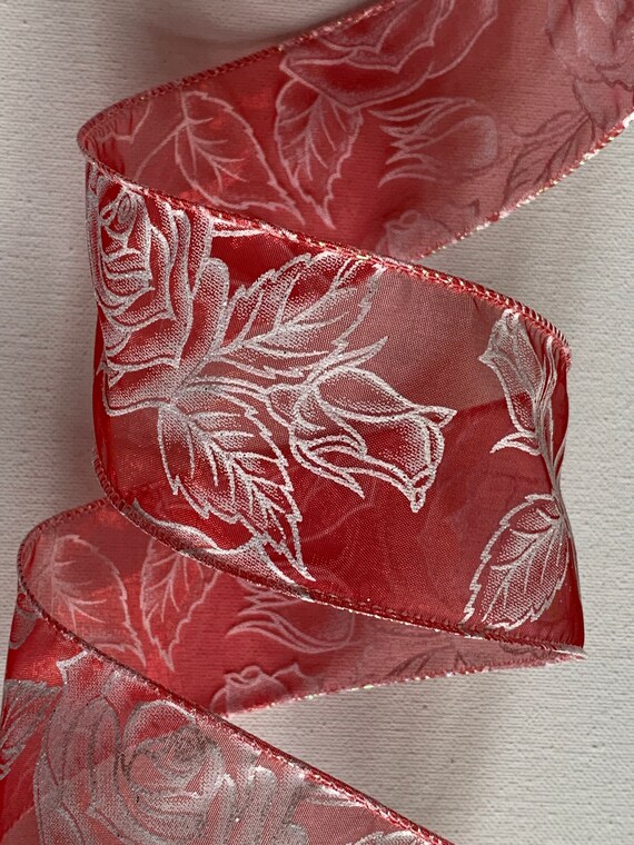 2.5 Sheer Red Ribbon White Roses Flowers Wired - Etsy