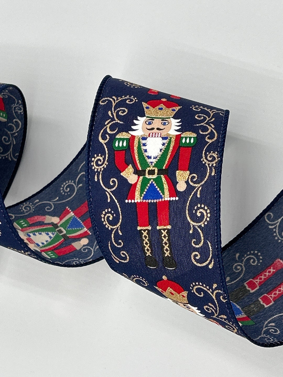 2.5" Nutcracker Ribbon ~ Navy ~ Gold Glitter Filigree ~ Wired Edges ...