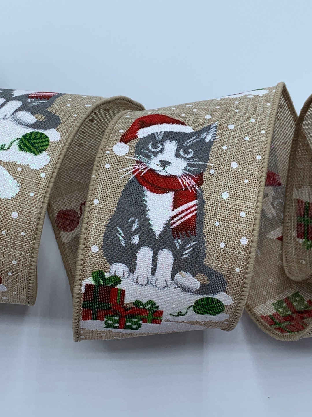 2.5" Gray White Christmas Cat Ribbon ~ Natural Linen ~ Glittered ...