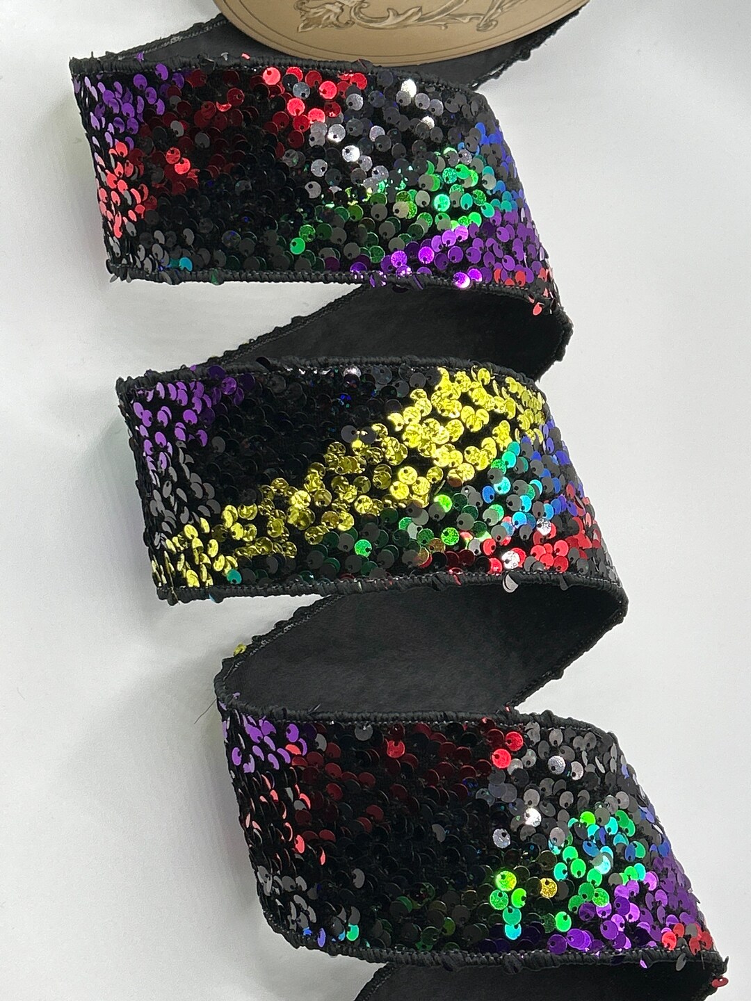 2.5" Sequin Ribbon ~ Black Ribbon ~ Diagonal Sequin Stripes ~ Red Gold ...