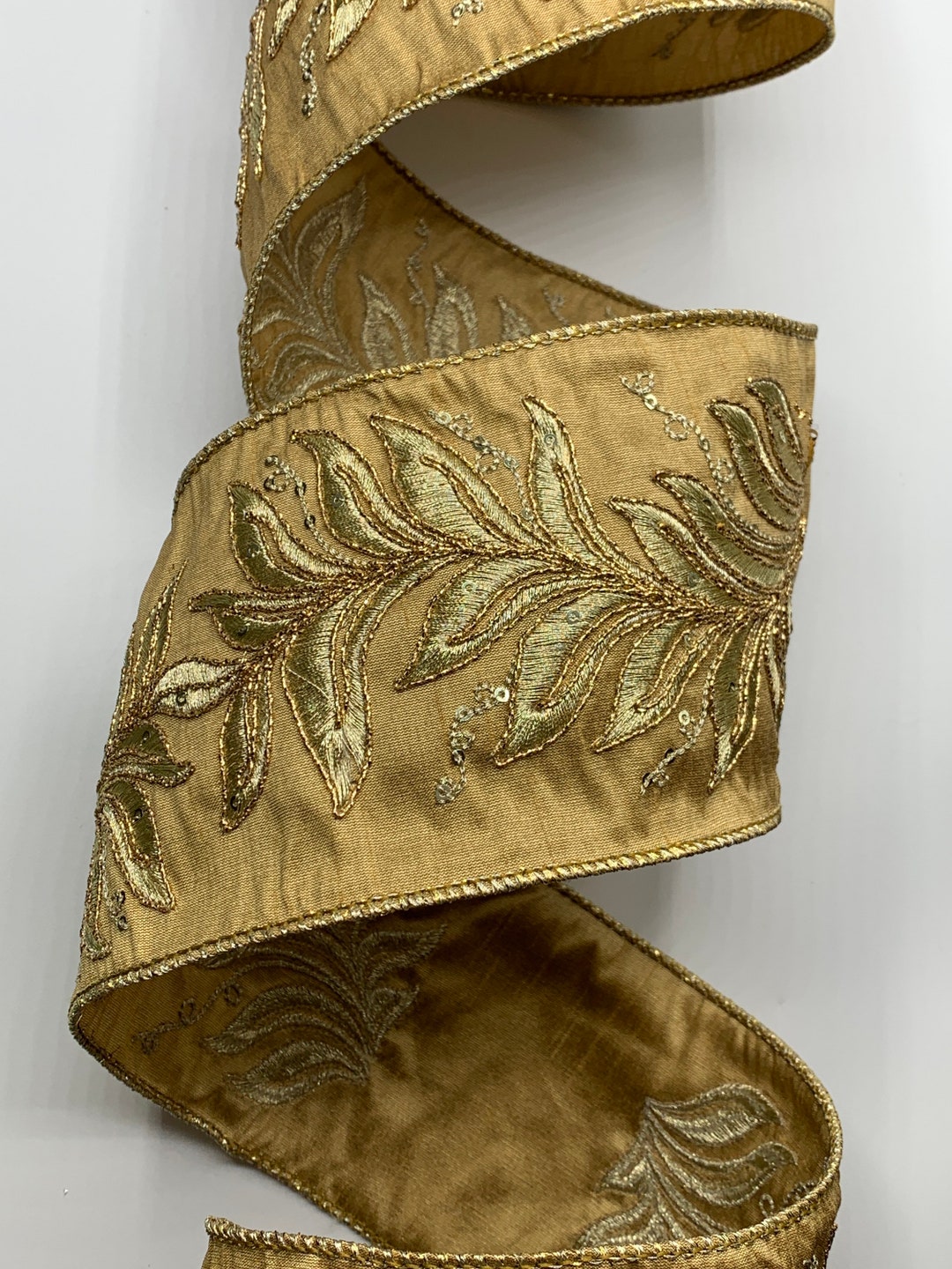 4" Gold Dupion Ribbon ~ Gold Cord Embroidery ~ Faux Silk ~ Wired Edges ...