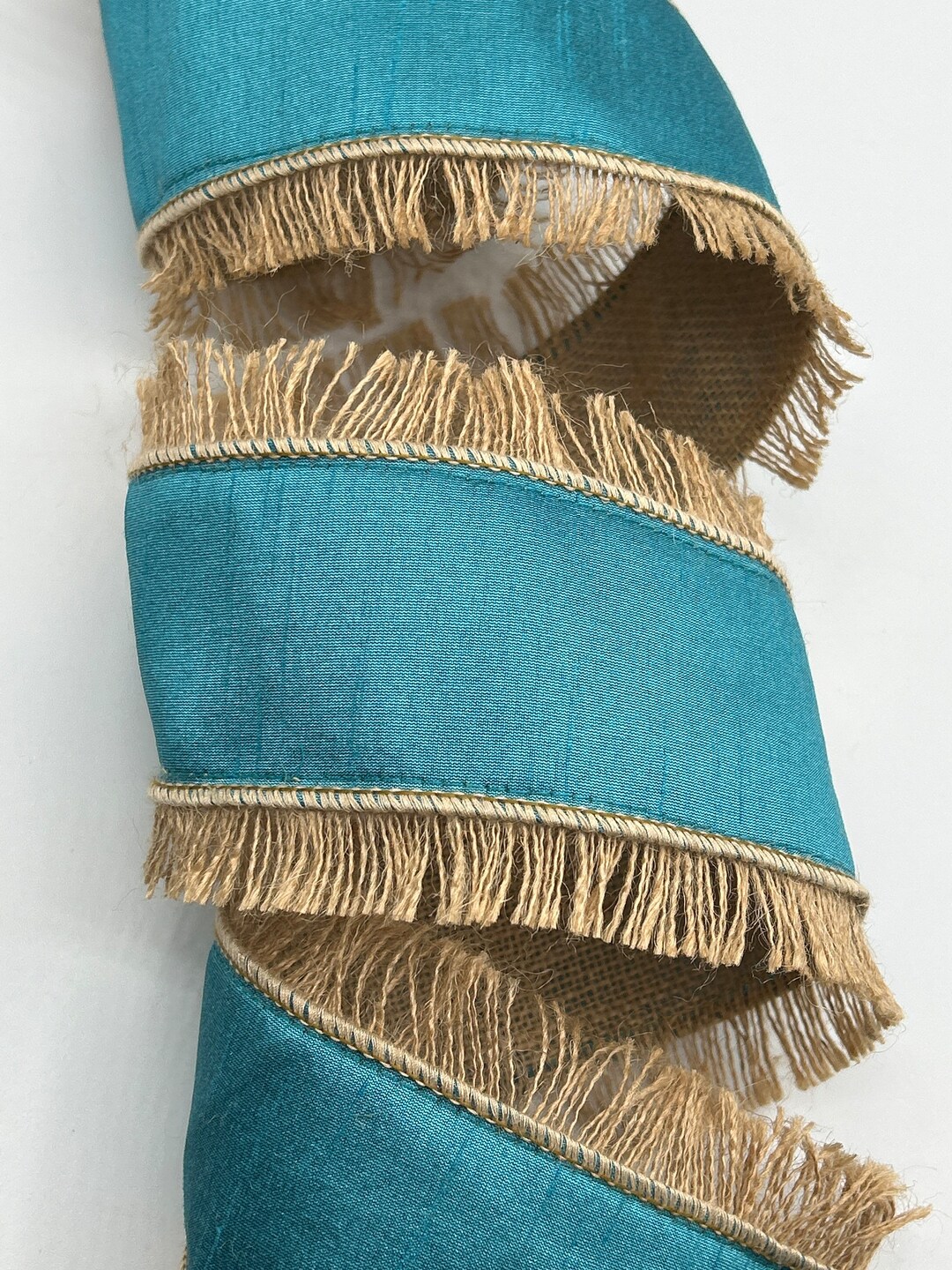 4" Teal Blue Dupion Ribbon ~ Jute Back ~ Fringed Edges ~ Wired ~ D ...