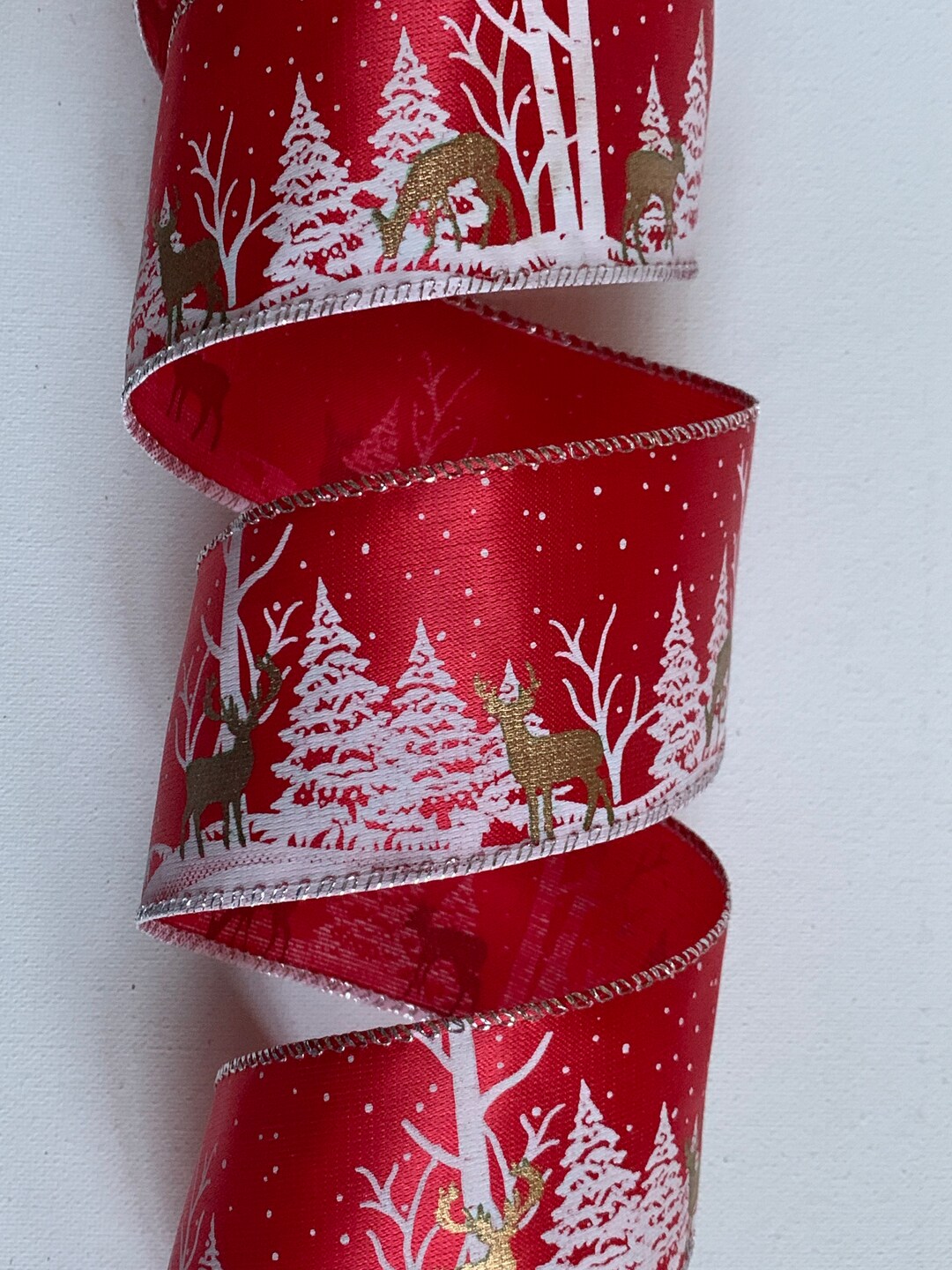 2.5 Red Winter Woods Scene Ribbon Red & White Ribbon Christmas Ribbon ...