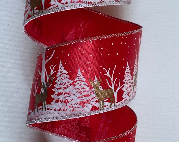 2.5 Red Winter Woods Scene Ribbon Red & White Ribbon Christmas Ribbon ...