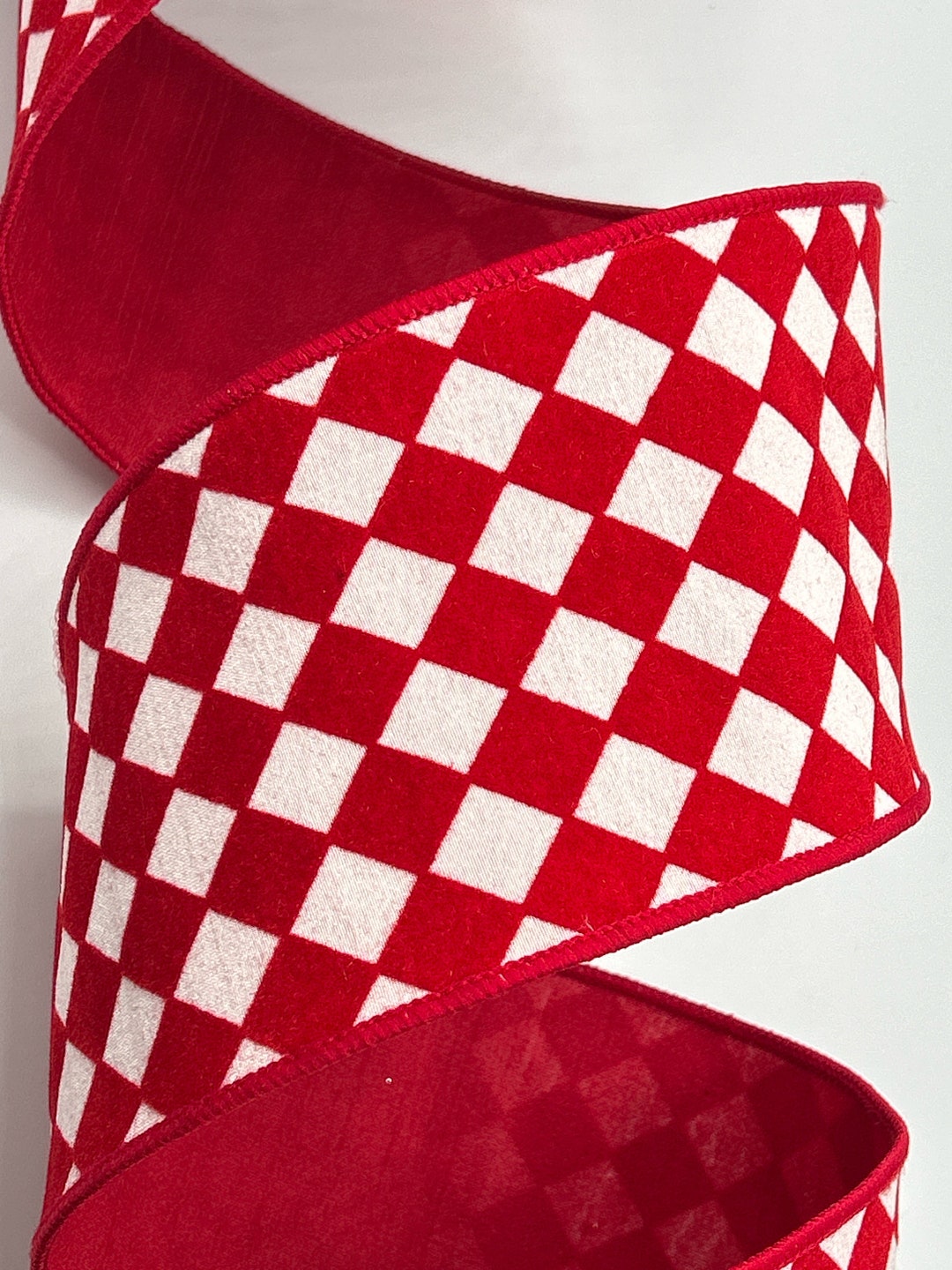 4" Red White Harlequin Ribbon ~ Diamonds ~ Red Fused Back ~ Wired Edges ...