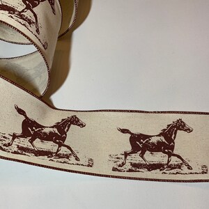 4" Natural Canvas Ribbon With Brown Printed Horses ~ Wired Edges ~ 10 ...