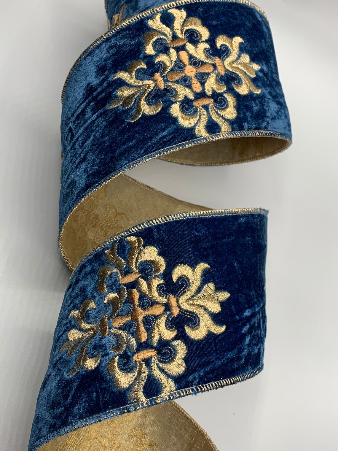 4 Blue Embroidered Cross Medallion Velvet Ribbon D | Etsy