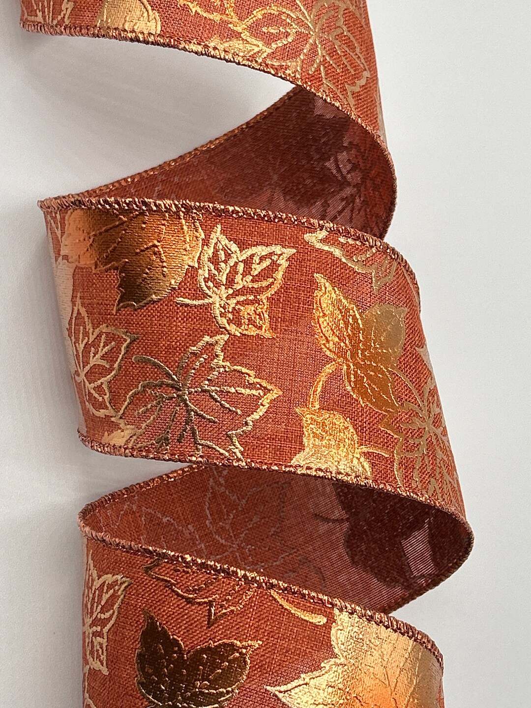 2.5" Rust Linen Ribbon ~ Raised Metallic Copper Leaves ~ Wired Edges ...