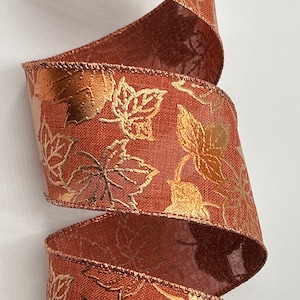 2.5" Rust Linen Ribbon ~ Raised Metallic Copper Leaves ~ Wired Edges ...